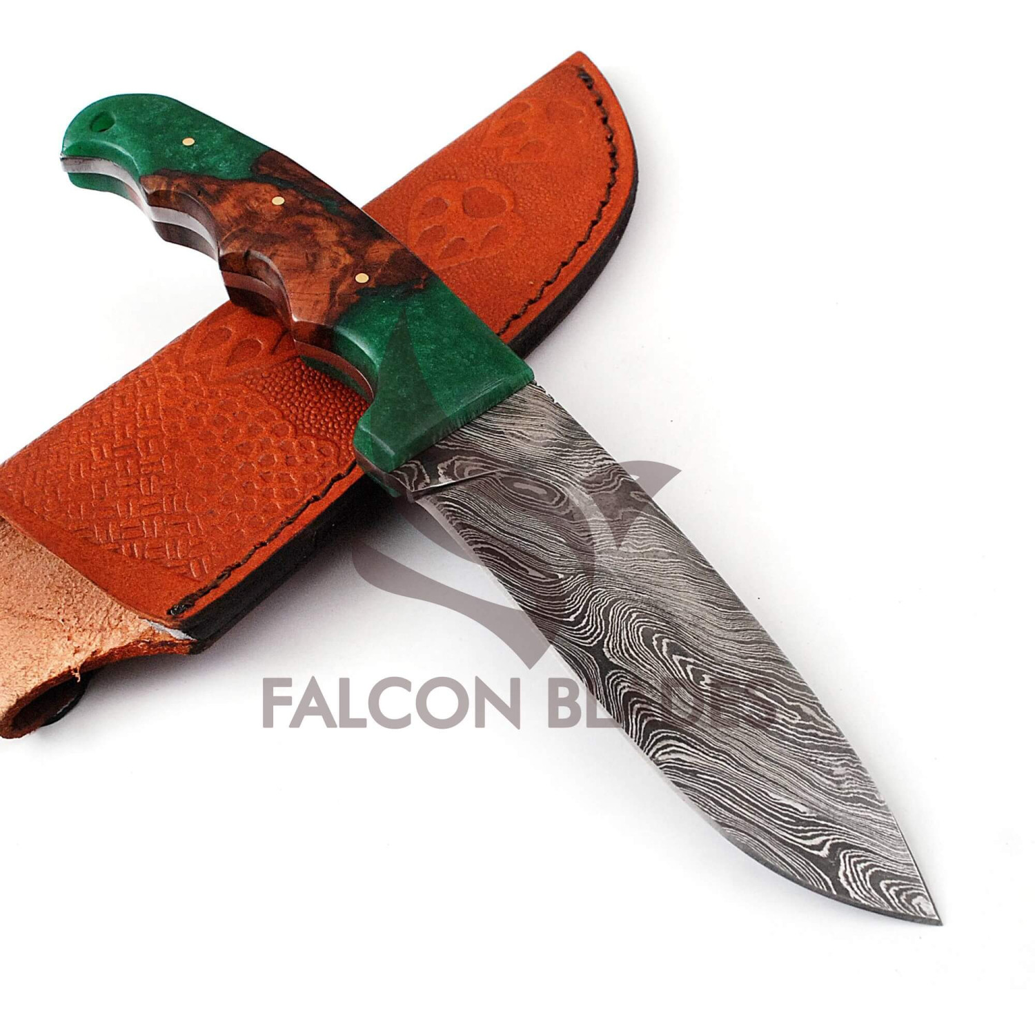 damascus steel blade, skinner, hunting, survival, leather sheath, resin ...